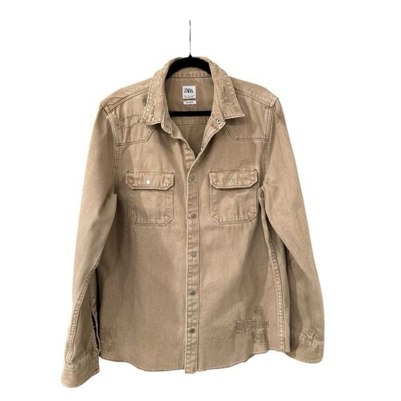 Zara | Tops | Zara Tandistressed Denim Buttonup Shirt | Poshmark